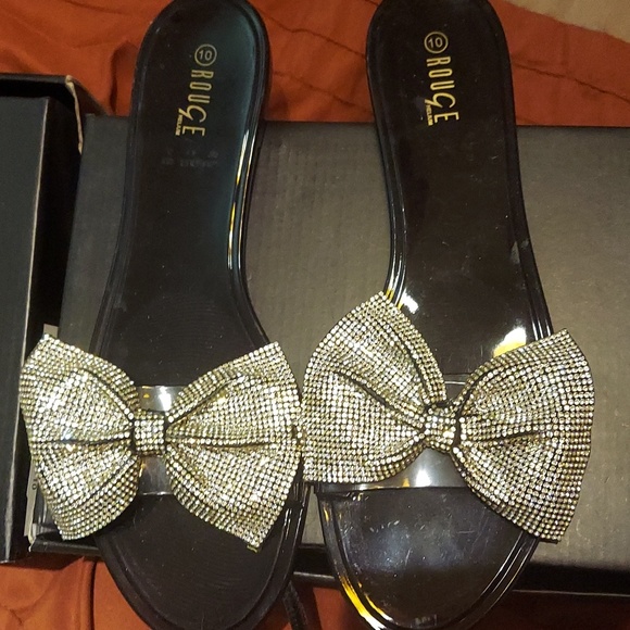 Rouge Helium | Shoes | Black Slides With Rhinestone Bow | Poshmark